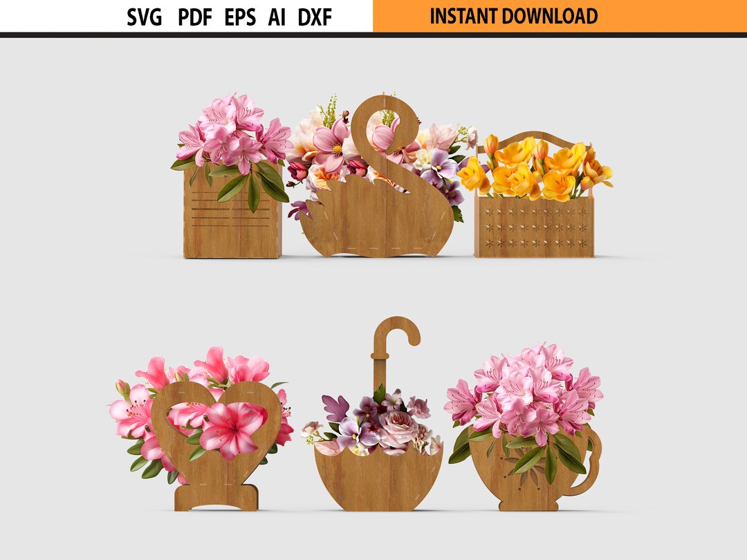 Laser Cut Flower Box Stand Holder Design Bundle SVG Files Set of 6 ...