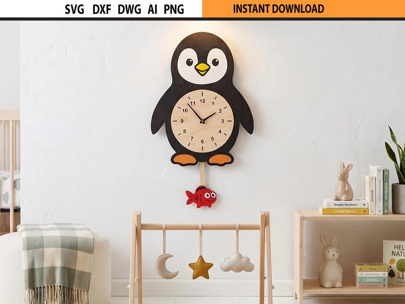 Laser Cut Penguin Clock SVG | Kids Animal Clock With Pendulum (digital ...