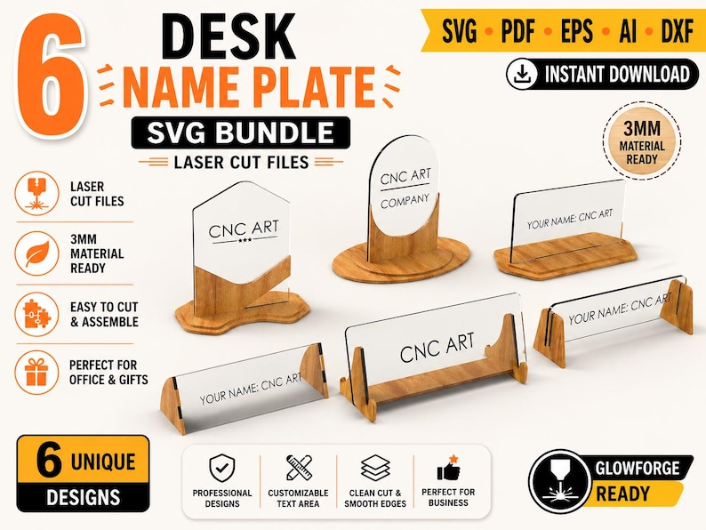 Laser Cut Desk Name Plate SVG Bundle | 6 Designs | Glowforge Files ...