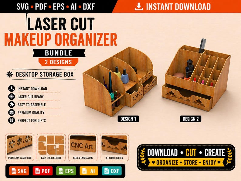 Laser Cut Makeup Organizer SVG Bundle | 2 Desktop Storage Box Designs ...