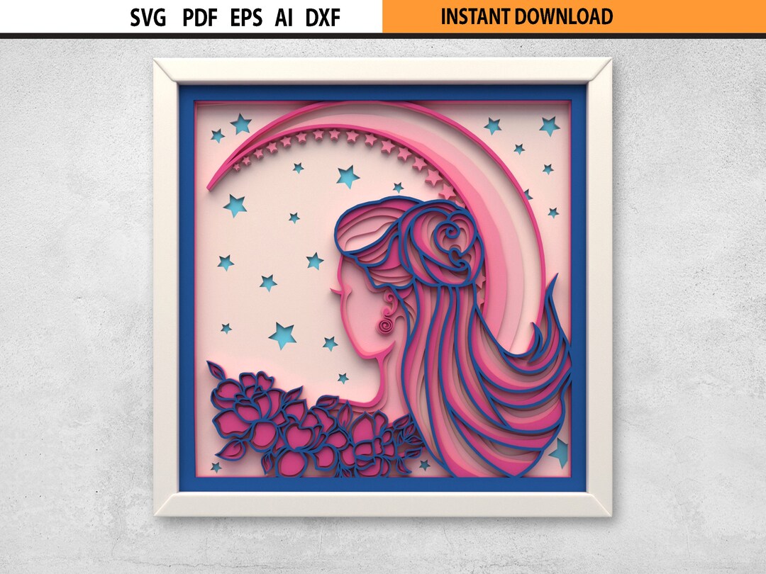 Moon Girl 3D Multilayer Shadow Box SVG Multilayer Mandala Wall Art 3D ...