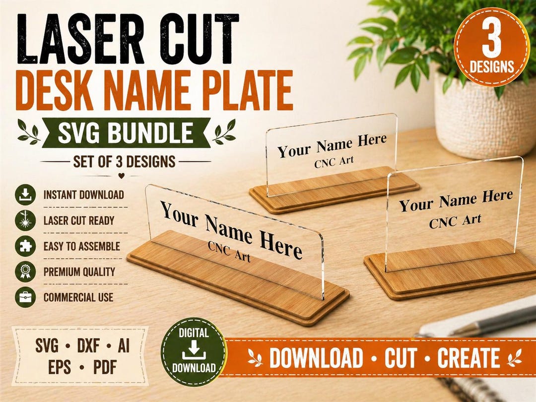 Laser Cut Desk Name Plate SVG Bundle | 3 Acrylic Wood Sign Designs ...