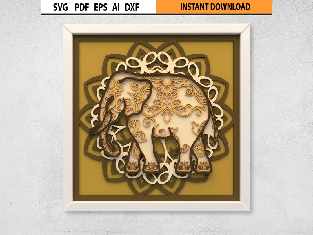 3D SVG Elephant Layered Shadow Box Mandala, Elephant Floral 3D Laser ...