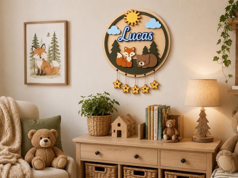 Woodland Nursery Name Sign SVG Laser Cut Fox Bear Kids Room Decor ...
