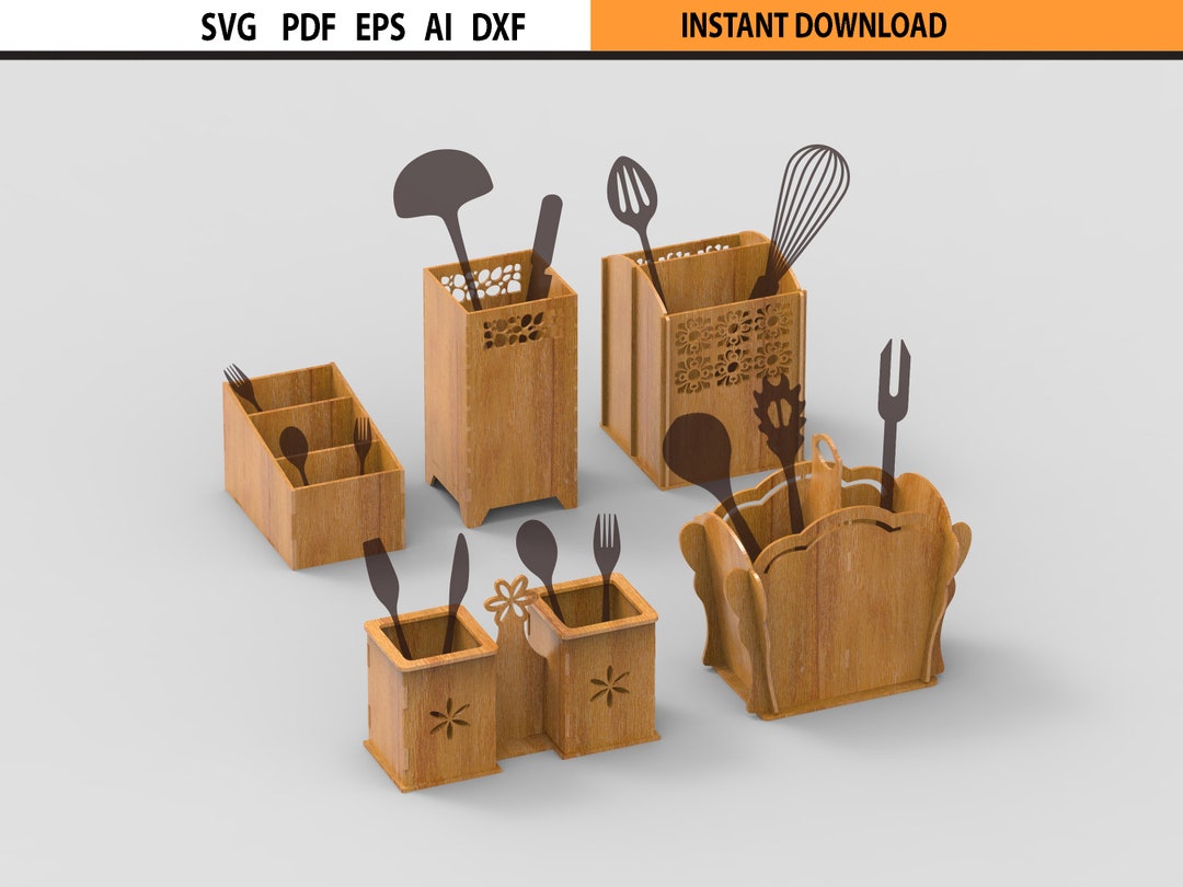 Laser Cut Cutlery Stand Utensil Holder Design Bundle SVG Files Set of 6 ...