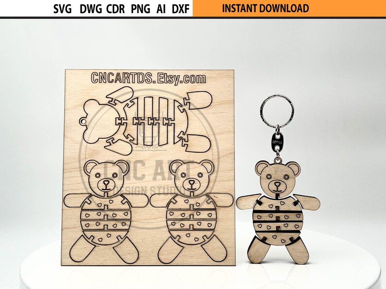 Laser Cut Flexible Teddy Bear Keychain SVG Design, Movable Wooden ...