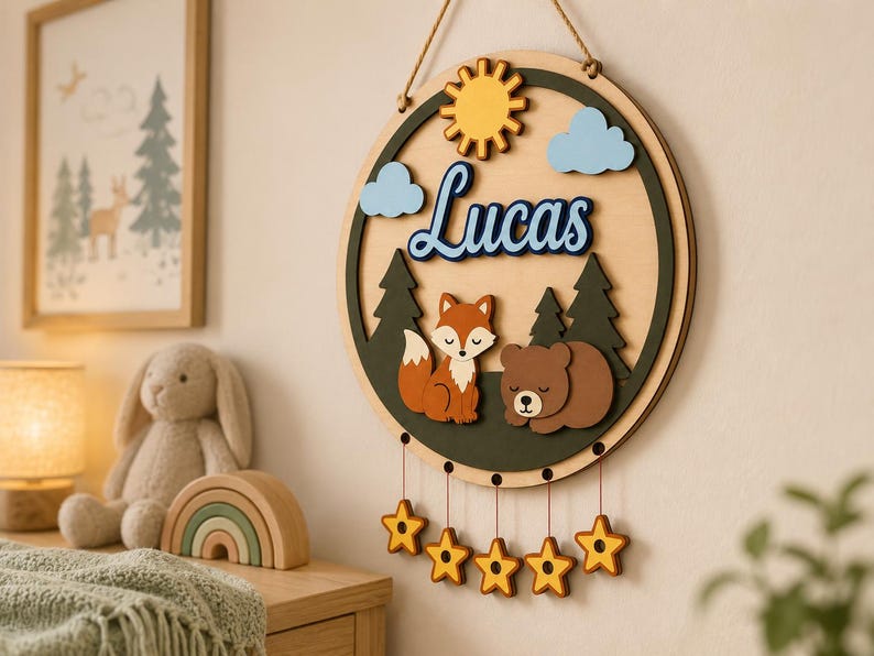 Woodland Nursery Name Sign SVG Laser Cut Fox Bear Kids Room Decor ...