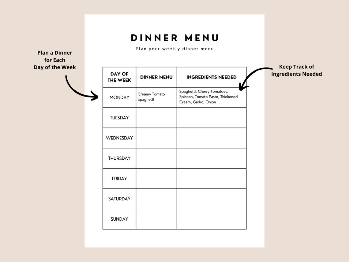 Simple Fillable Weekly Dinner Menu Planner, Weekly Meal Planner ...