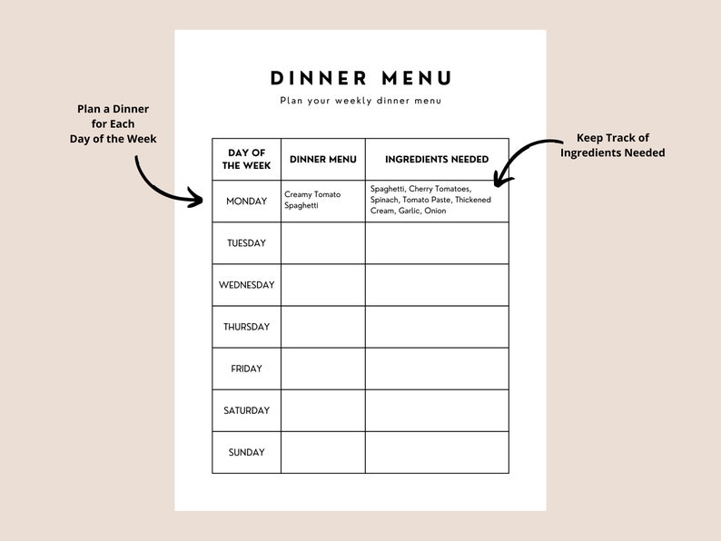 Simple Fillable Weekly Dinner Menu Planner, Weekly Meal Planner ...