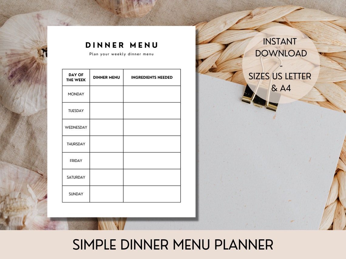 Simple Fillable Weekly Dinner Menu Planner, Weekly Meal Planner ...