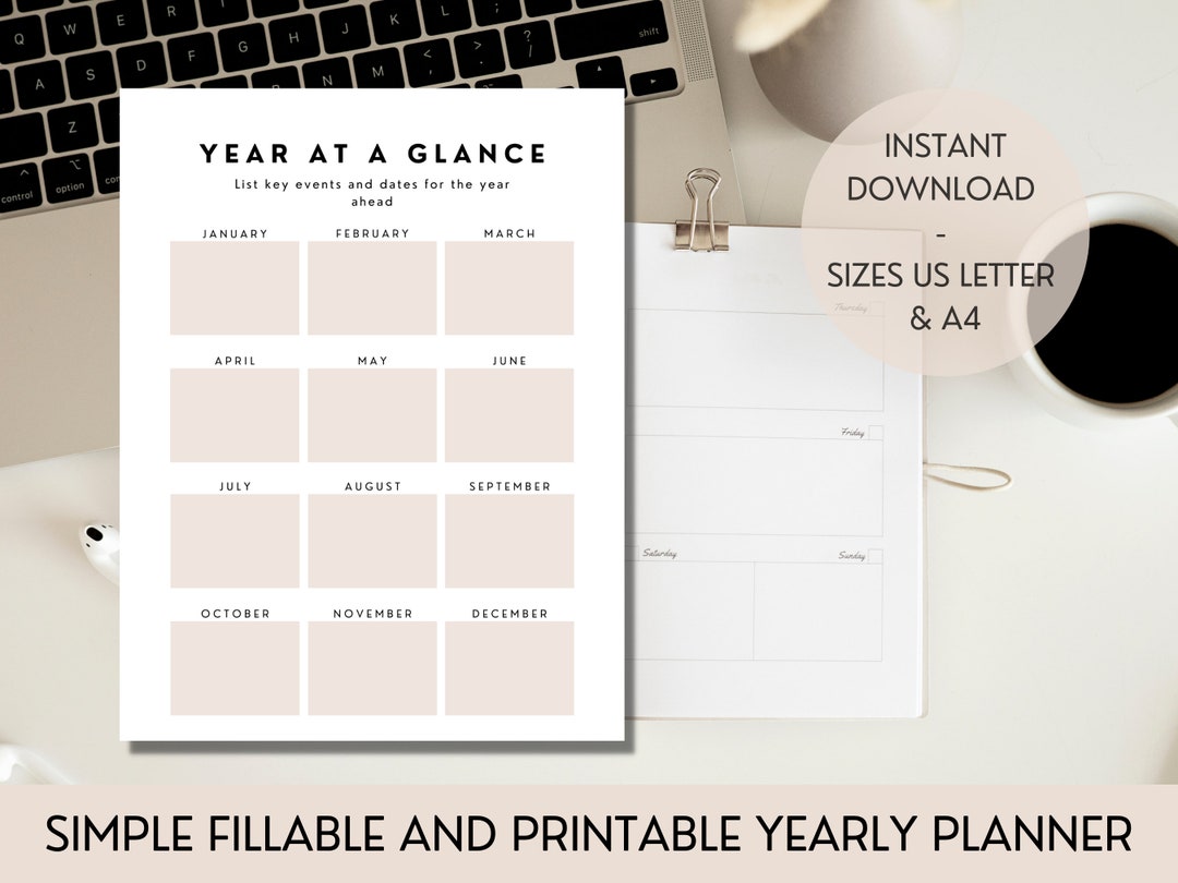 Simple Fillable and Printable Yearly Planner, Simple Digital Yearly ...
