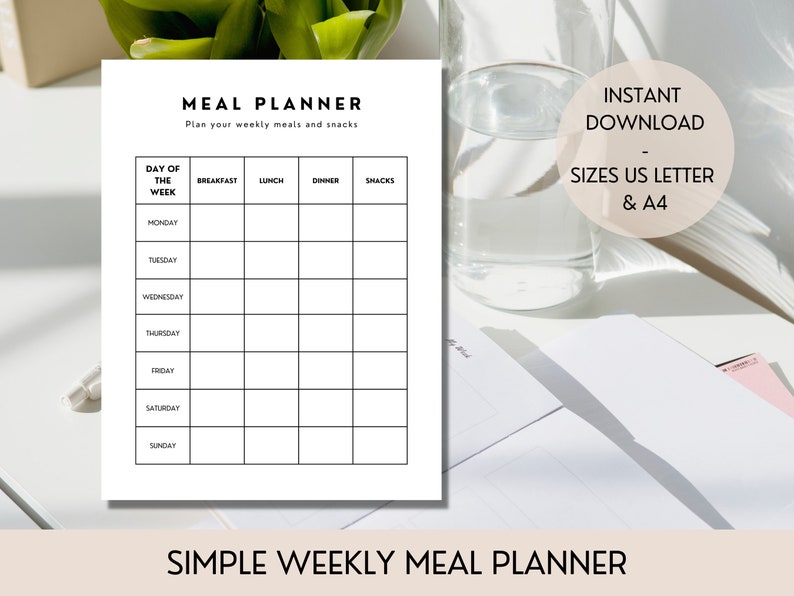Simple Fillable and Printable Meal Planner, Meal Planner Grid, Weekly ...
