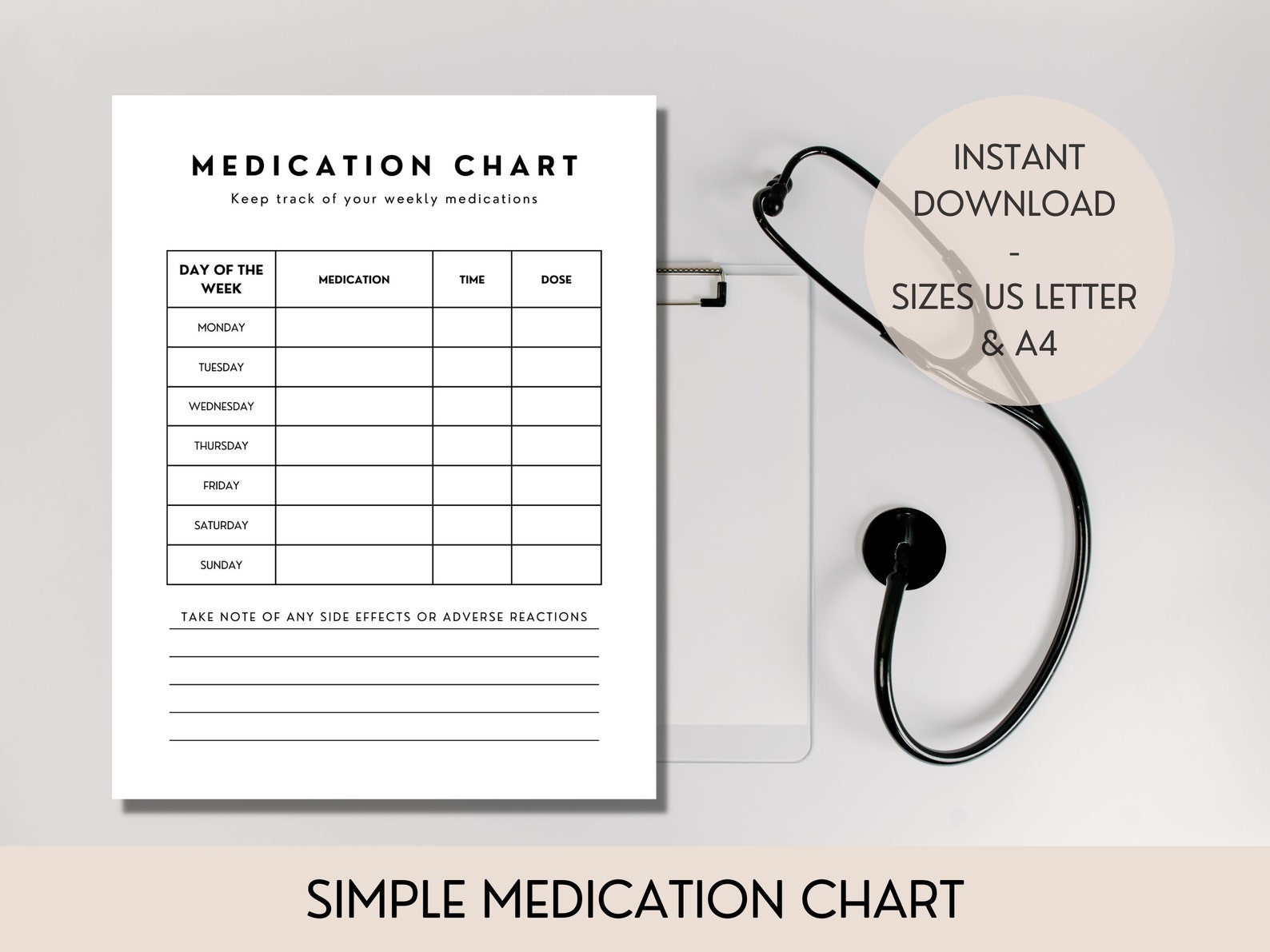Simple Fillable and Printable Weekly Medication Chart Planner, Digital ...