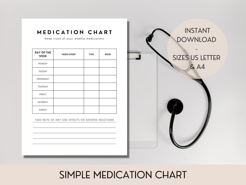 Simple Fillable and Printable Weekly Medication Chart Planner, Digital ...