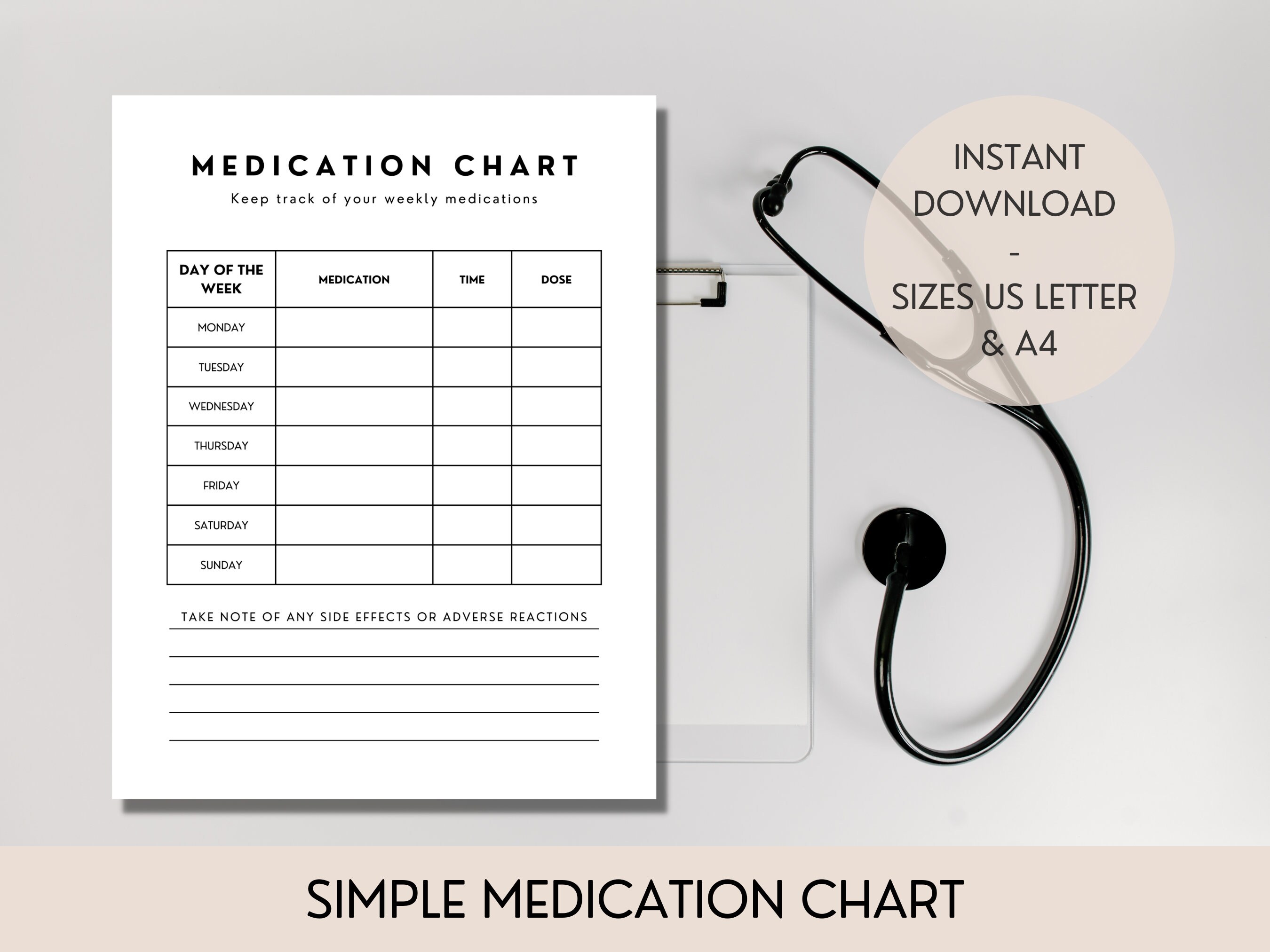 Simple Fillable and Printable Weekly Medication Chart Planner, Digital ...