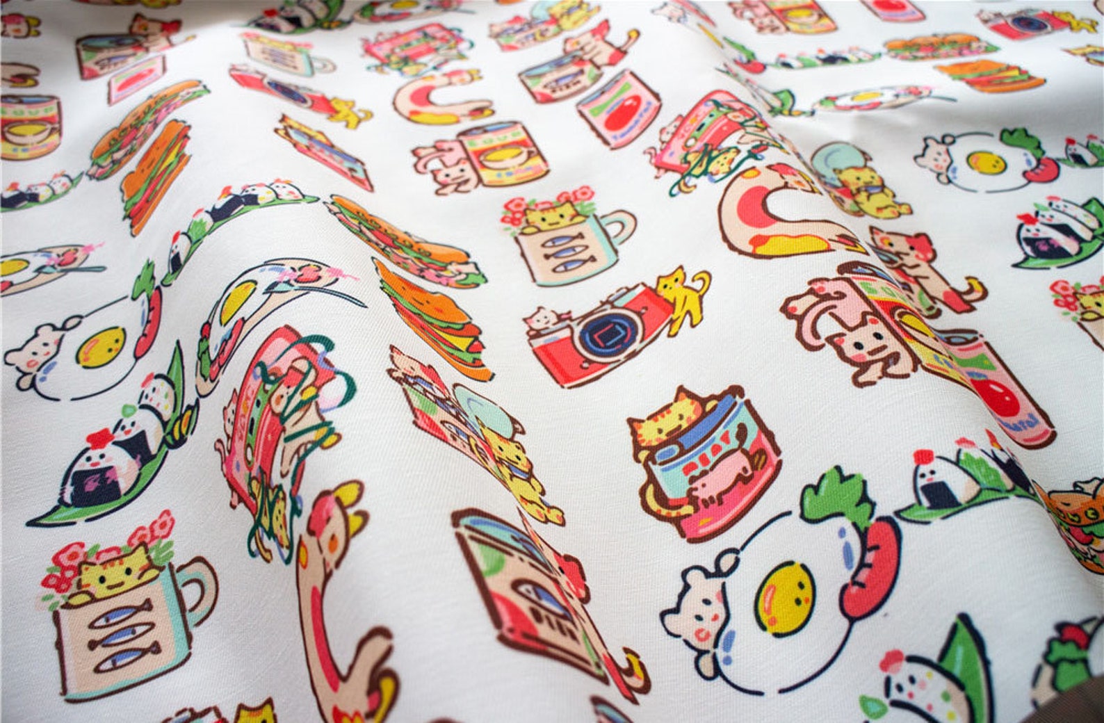 Cat and Fast Food Fabric - Cartoon Twill Fabric - Fine Canvas Fabric ...