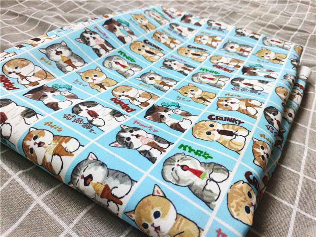 Cute Cat Eating Ice Cream Fabric - Cartoon Twill Fabric - Fine Canvas ...