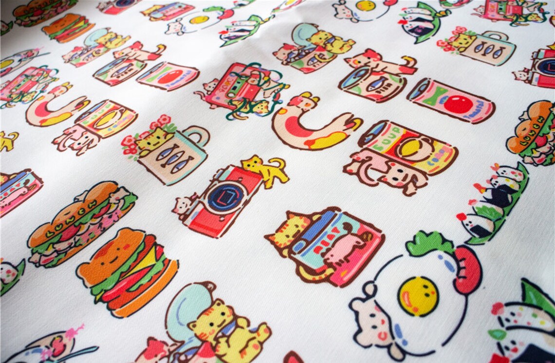 Cat and Fast Food Fabric - Cartoon Twill Fabric - Fine Canvas Fabric ...