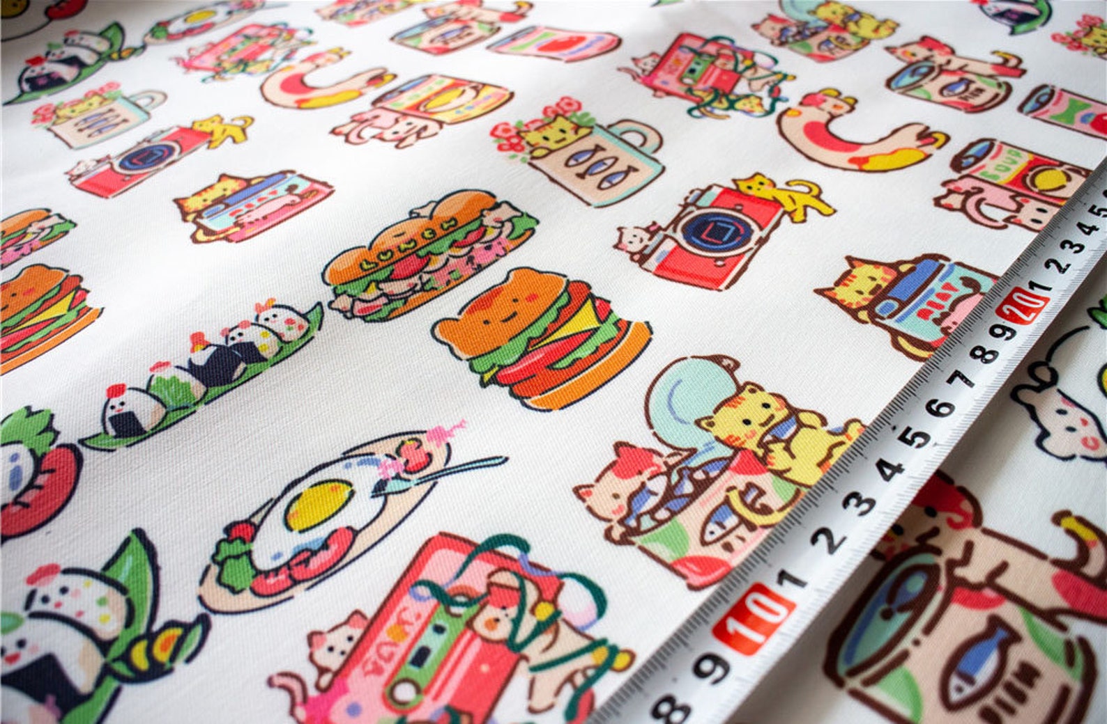 Cat and Fast Food Fabric - Cartoon Twill Fabric - Fine Canvas Fabric ...