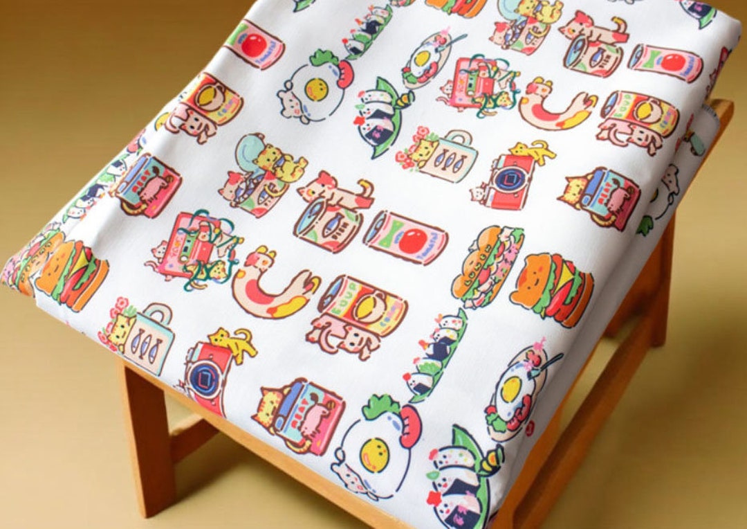 Cat and Fast Food Fabric - Cartoon Twill Fabric - Fine Canvas Fabric ...