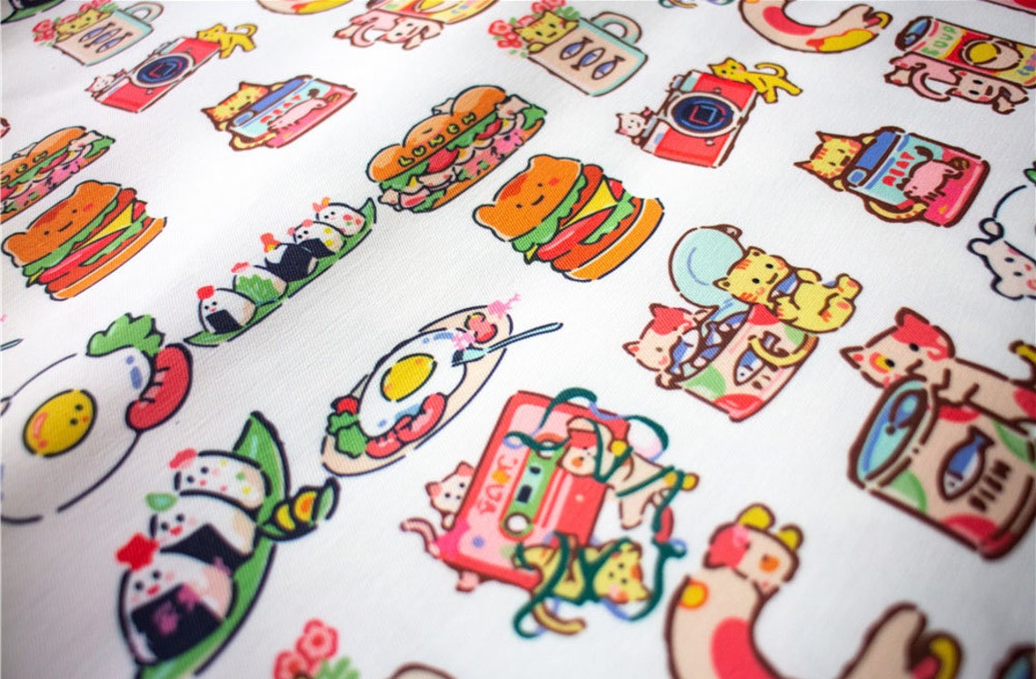 Cat and Fast Food Fabric - Cartoon Twill Fabric - Fine Canvas Fabric ...