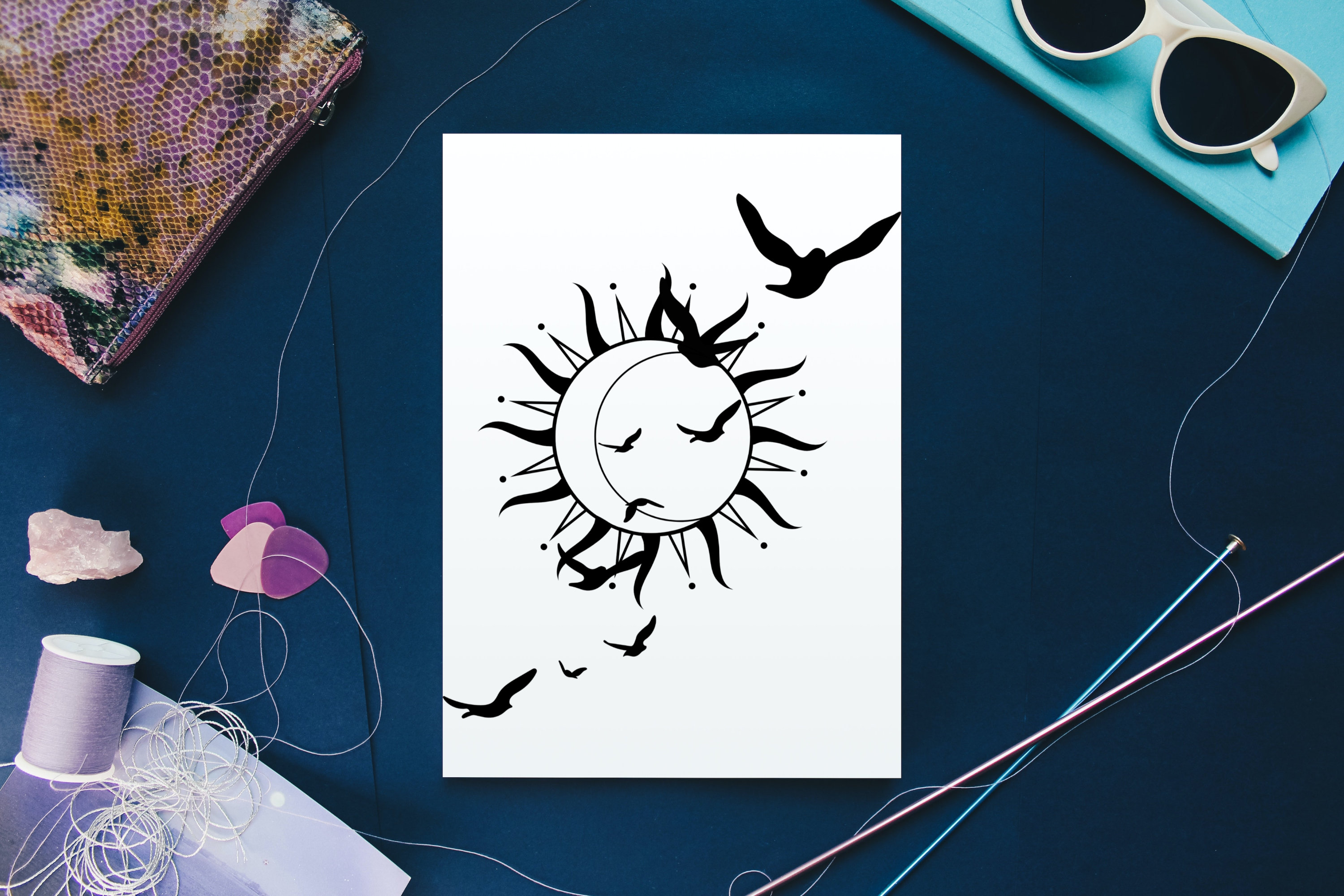 Soaring Birds Over Moon and Sun | SVG PNG File | Sky | Birds Flying ...