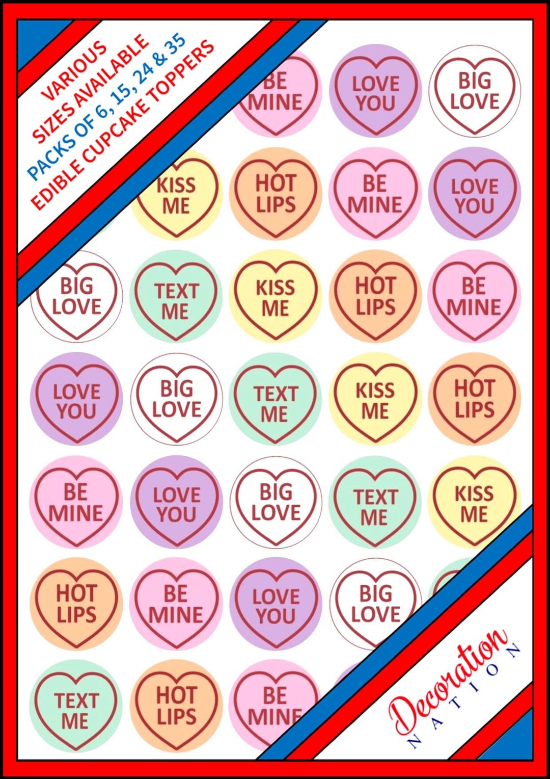 35 X Love Hearts Mix - Edible Wafer / Icing Cupcake Toppers 6 15 24 ...