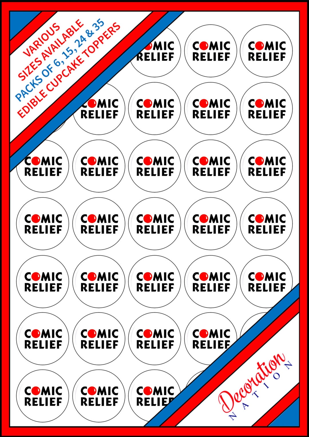 35 X Comic Relief Circle - Edible Wafer or Icing Cupcake Toppers ...
