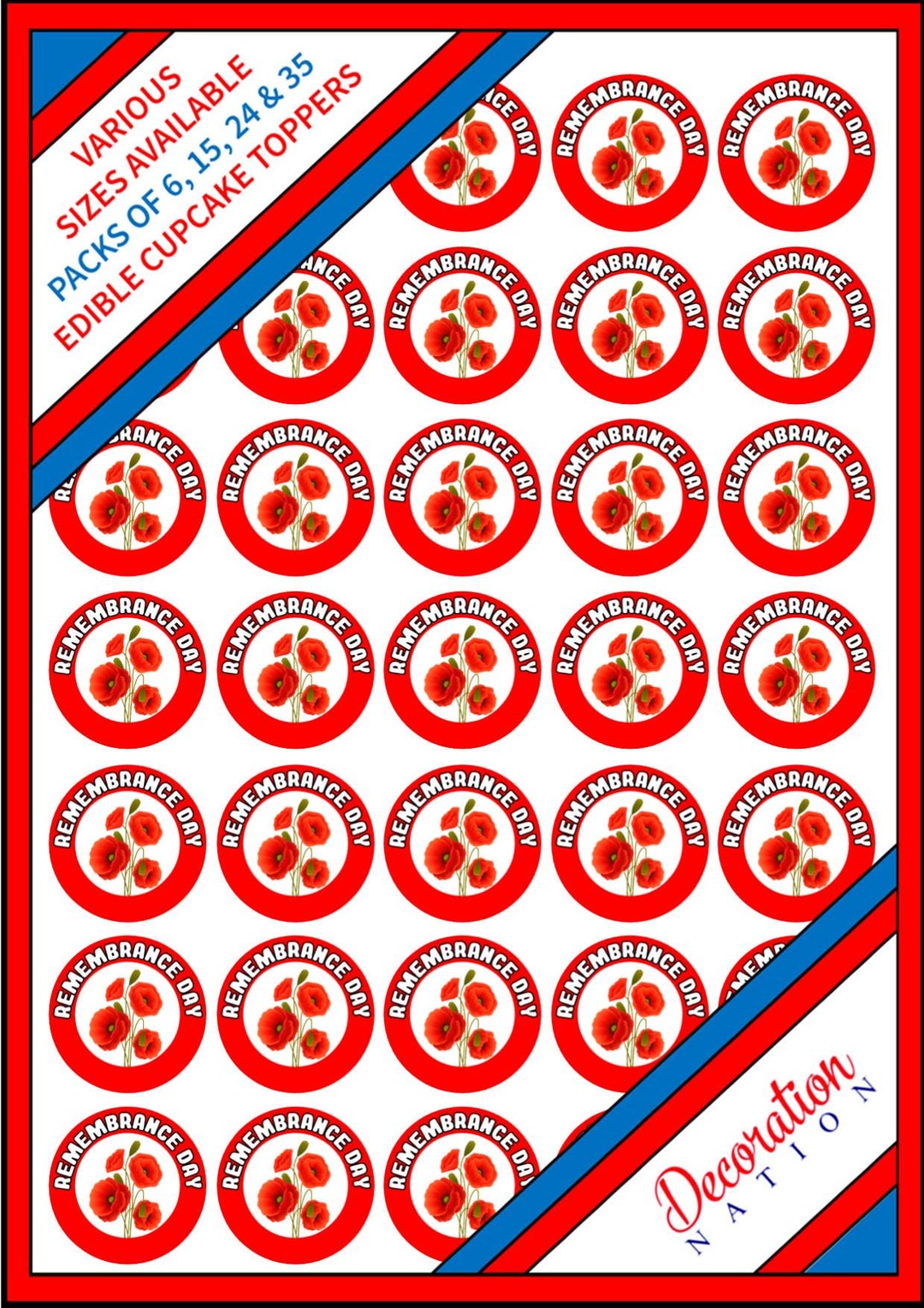 35 X Remembrance Day Poppy - Edible Wafer or Icing Cupcake Toppers ...