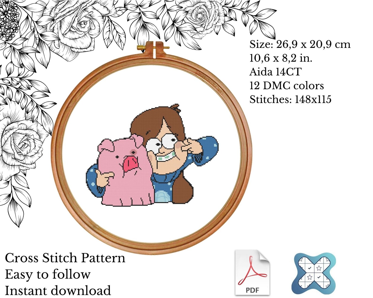 Cute Mabel & Waddles Pattern. Gravity Falls Pdf Pattern. Modern Cross ...