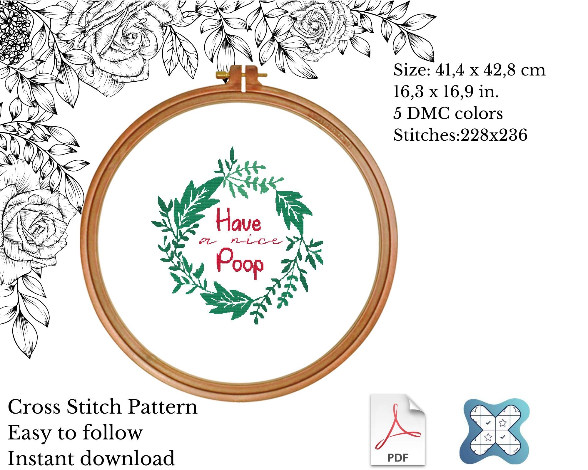 Snarky Poop Pattern. Cute Poo Pdf Pattern. Floral Cross Stitch - Etsy