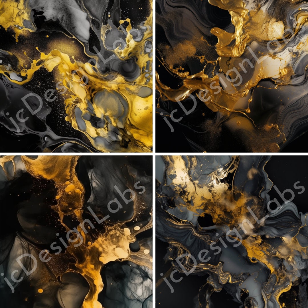 Black and Gold Alcohol Ink Clip Art Bundle Liquid Texture Abstract ...