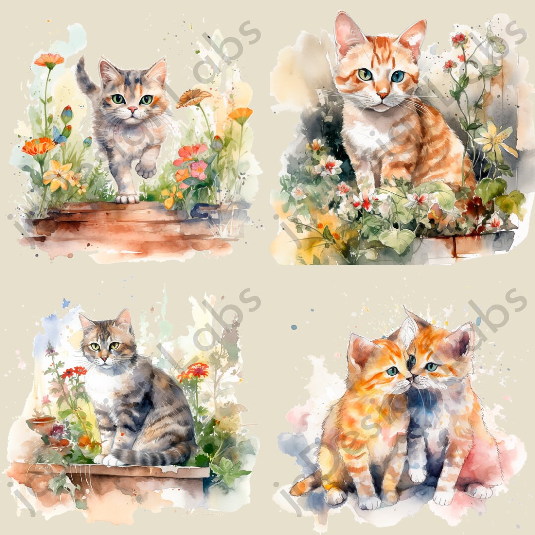 Watercolor Cats and Kittens PNG Clip Art 20 Transparent Images Bundle ...