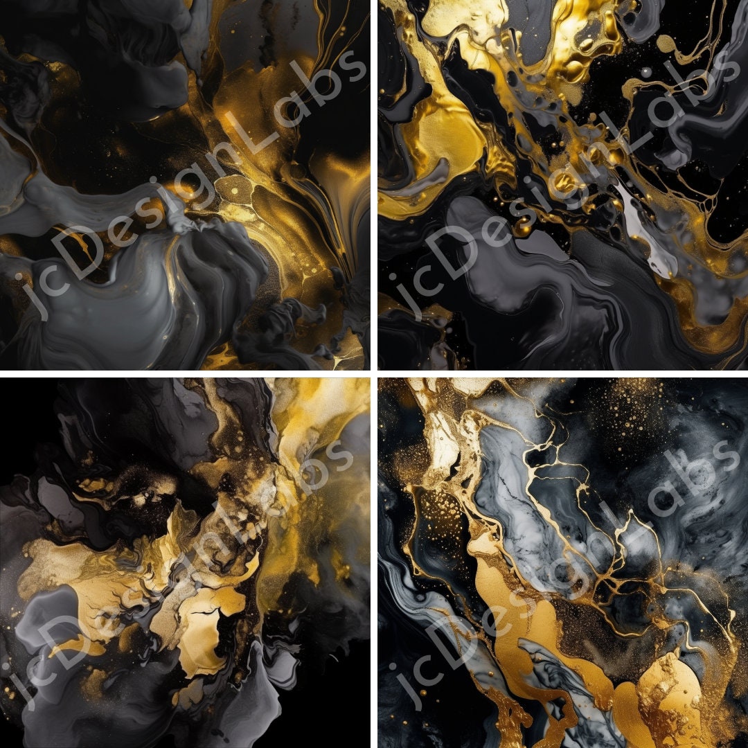 Black and Gold Alcohol Ink Clip Art Bundle Liquid Texture Abstract ...