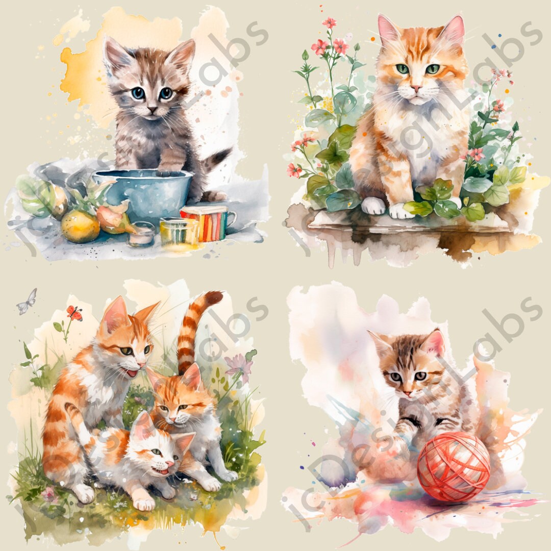 Watercolor Cats and Kittens PNG Clip Art 20 Transparent Images Bundle ...