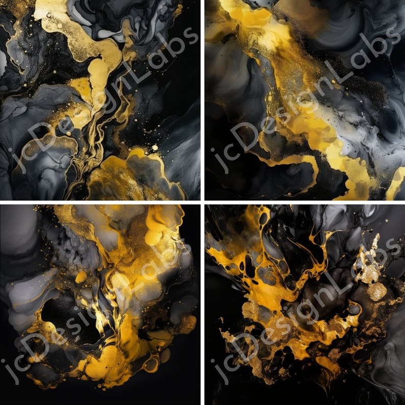 Black and Gold Alcohol Ink Clip Art Bundle Liquid Texture Abstract ...