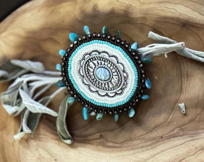 Native American Beaded Pin Silver Featuring Turquoise, Pearl and Brown ...