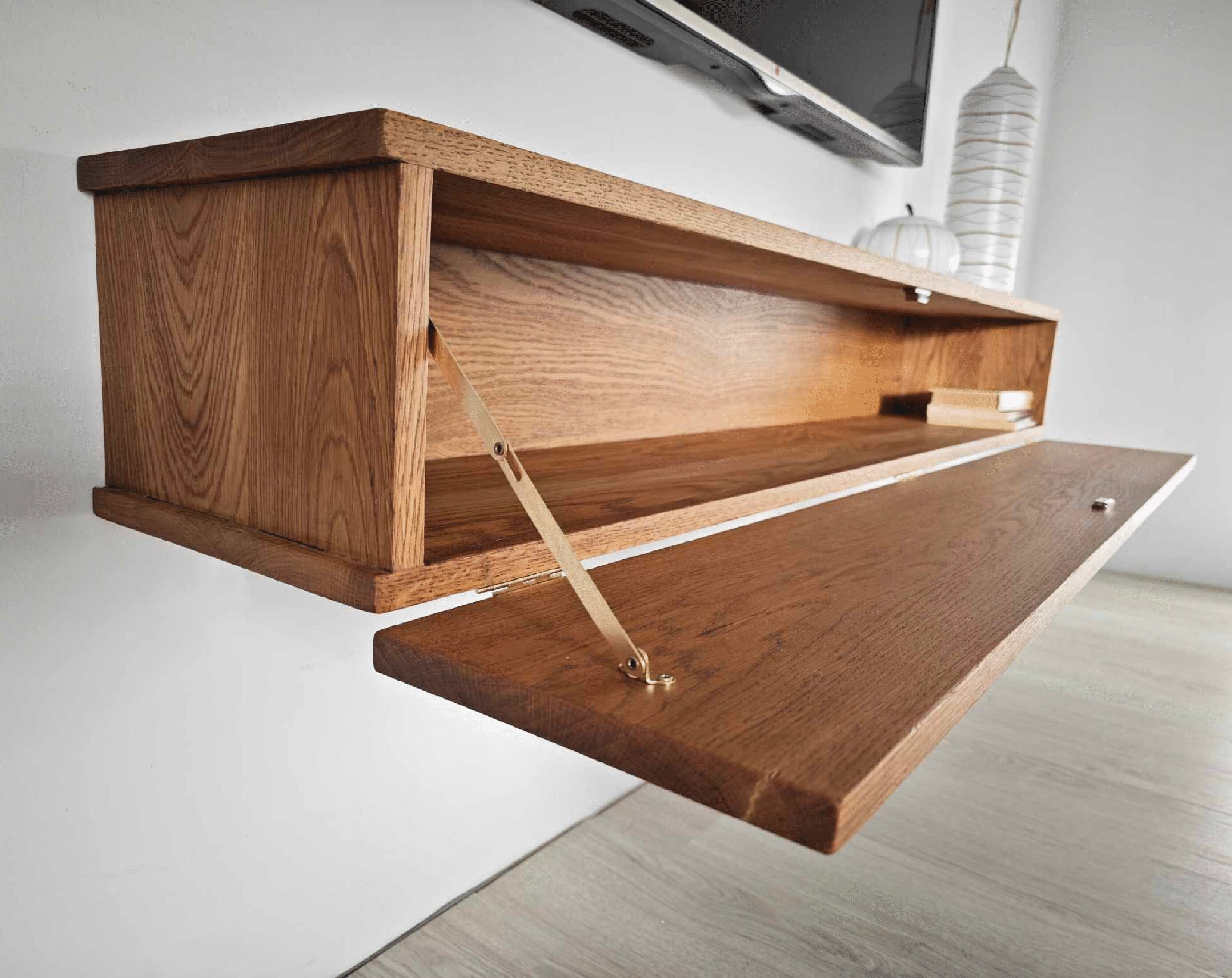 Floating TV Console With Hinged Door in Solid Oak Ref. 01720 - Etsy UK