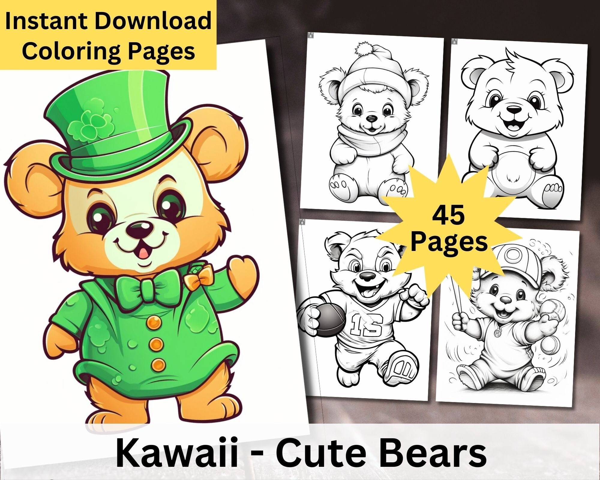 Kawaii Bears Coloring Pages, Adorable Bear Printable Art for Children ...