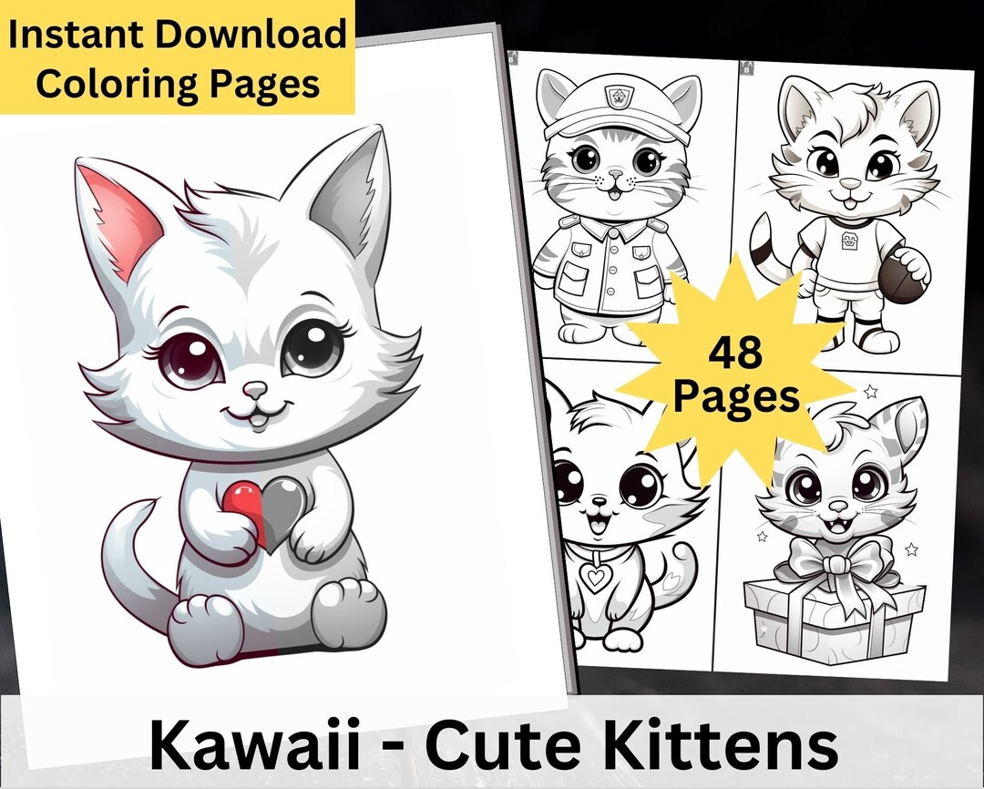 Kawaii Kittens Coloring Pages, Instant Download, Adorable Cat Designs ...