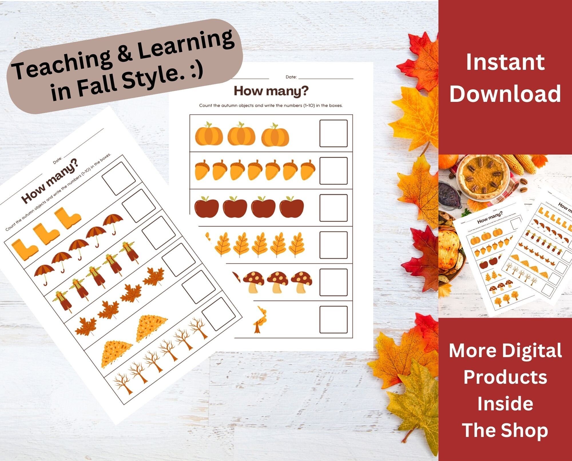 Autumn Counting Worksheet, Autumn Math Worksheets, Fall Counting ...