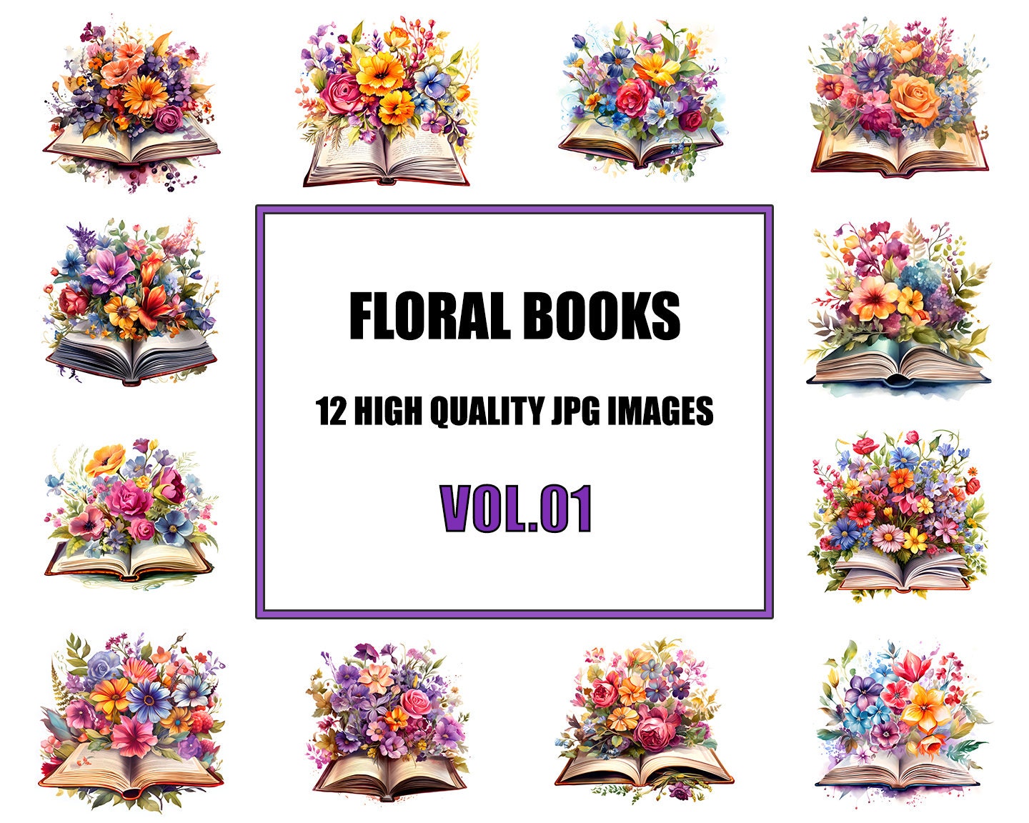 Floral Books Clipart Digital Art 12 High Quality JPG - Etsy