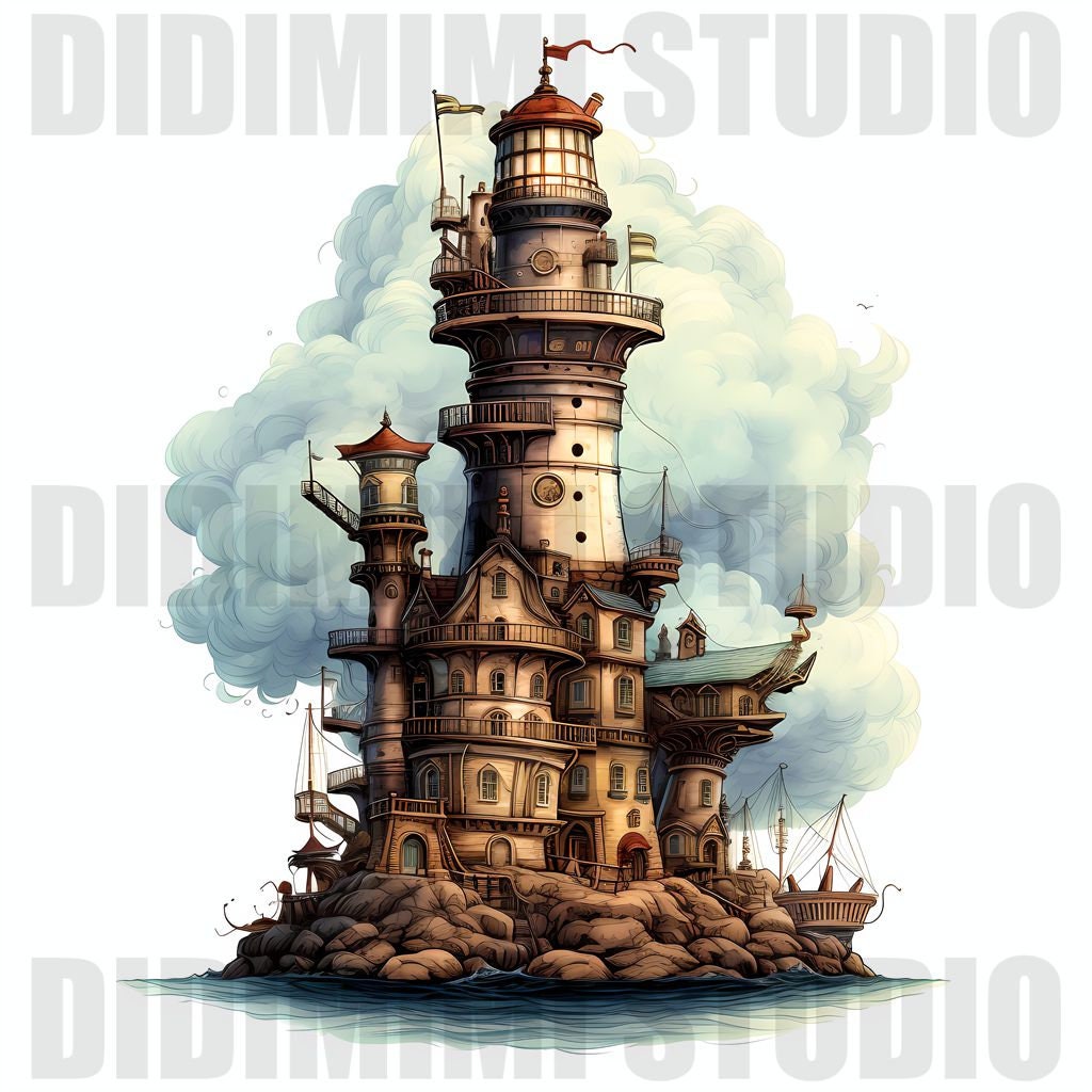 Steampunk Lighthouses Clipart - Digital Art - 12 High Quality JPG Images - Wall Art - White ...