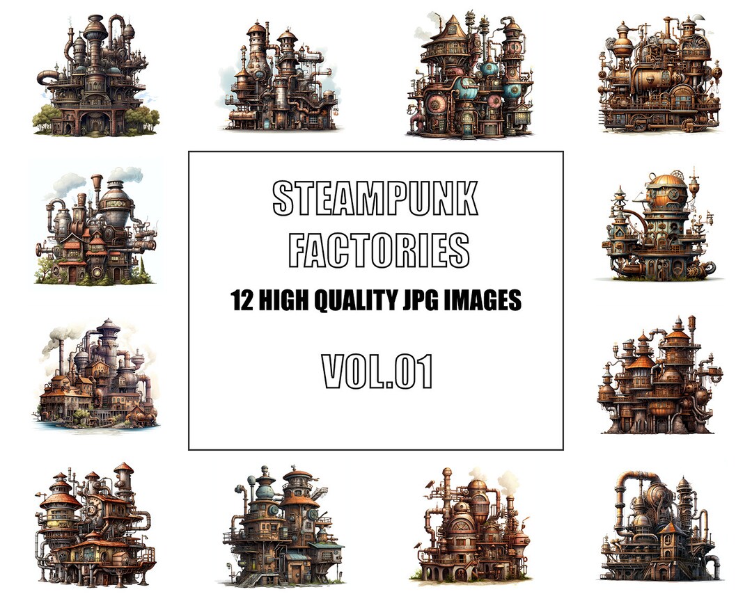 Steampunk Factories Clipart - Digital Art - 12 High Quality JPG Images ...