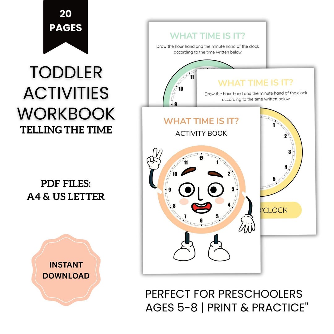 Tell the Time Activity Book Printable for Kids, 20 Page Learn to Tell ...