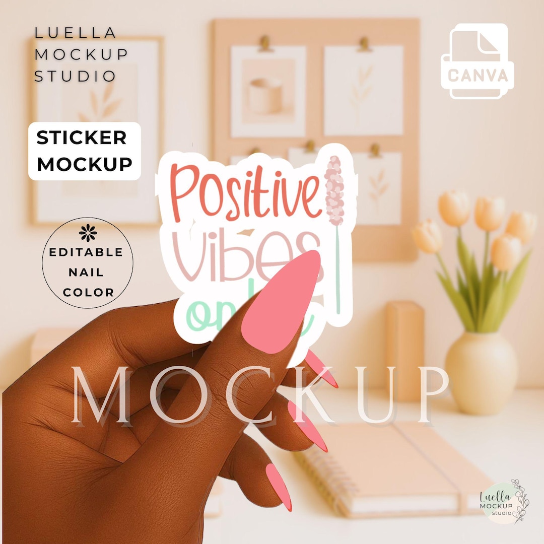 Sticker Mockup Canva Template, Pink Home Office Desk Background, Hand ...