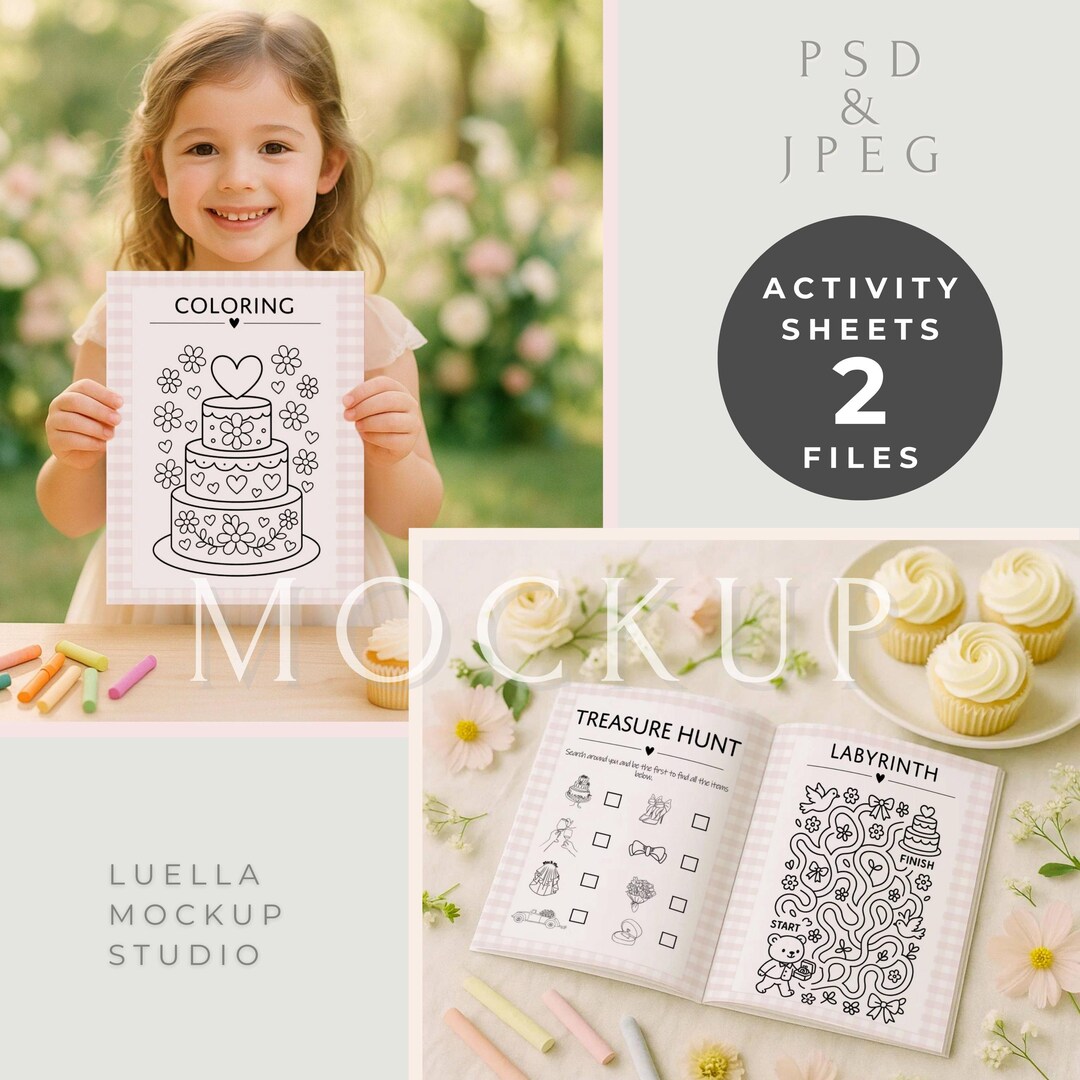 Kids Activity Page Mockup for Wedding, 2 X Coloring Book Mockup 8.5x11 ...