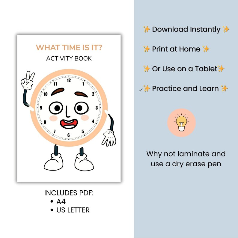 Tell the Time Activity Book Printable for Kids, 20 Page Learn to Tell ...