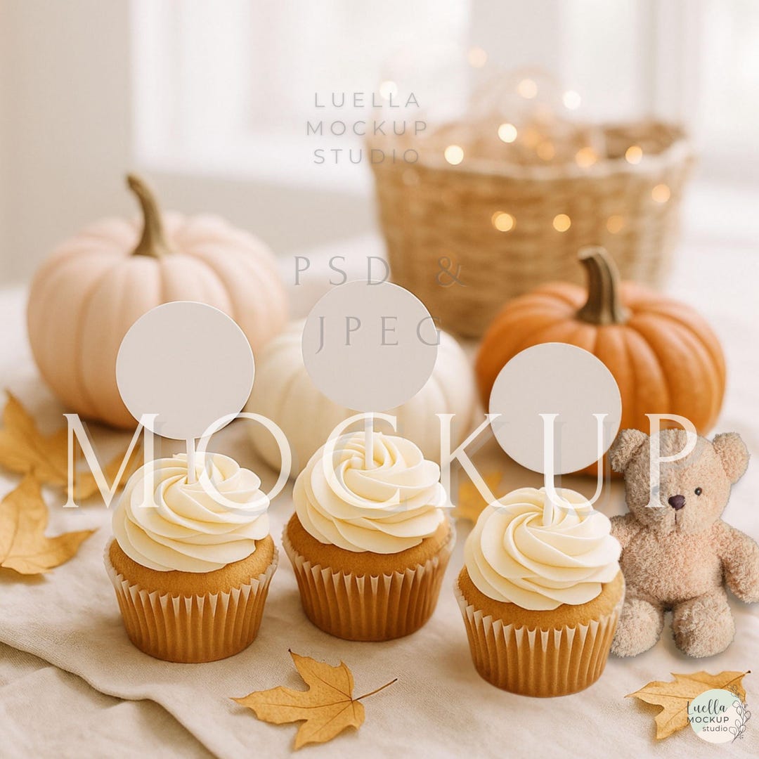 Baby Shower Cupcake Topper Mockup, Fall Cupcake PSD, 3 Cupcakes Autumn ...