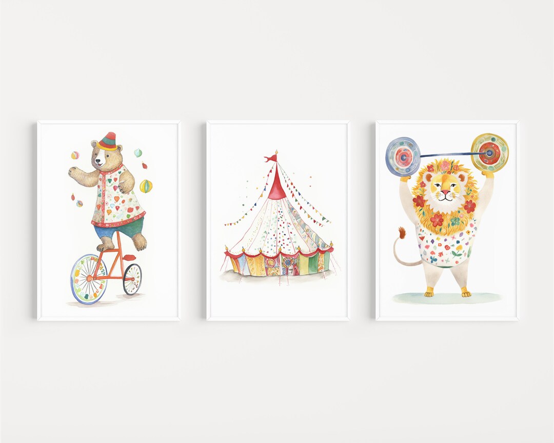 Set of 3 Nursery Prints, Circus Animals, Bear, Lion, Circus, Kids Room ...